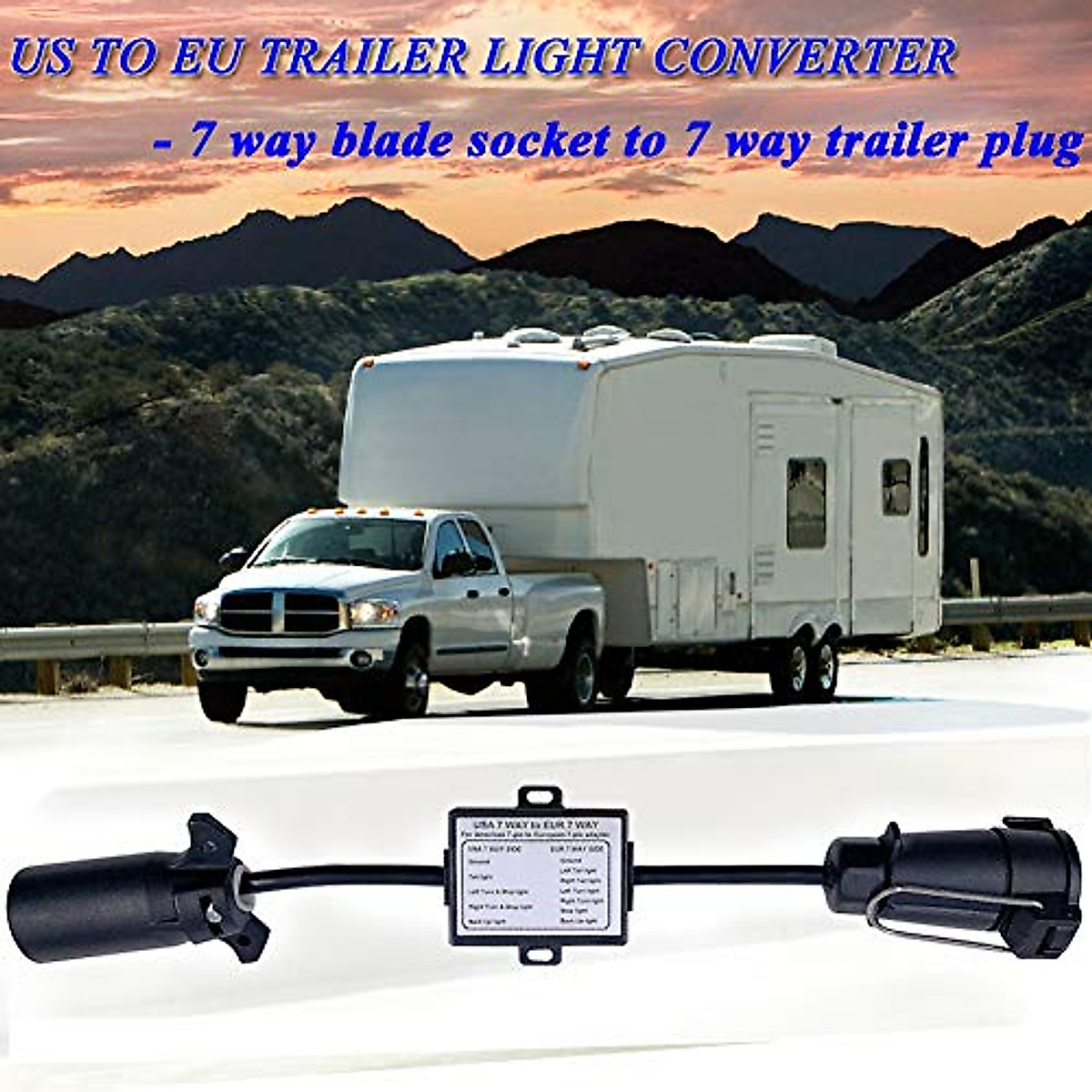 CARROFIX US to EU Trailer Light Converter 7-Way Blade Socket (US Vehicle) to 7-Pin Round Adapter (European Trailer)