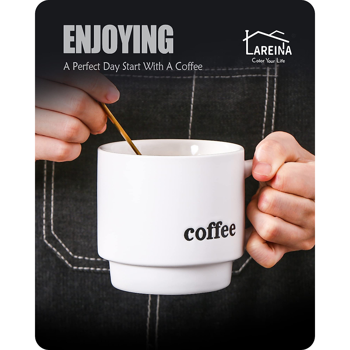 Lareina Porcelain Stackable Coffee Mug Set With Rack and Spoons, 15 Ounce Cappuccino Cup Set of 4 for Specialty Coffee Drinks and Tea - White