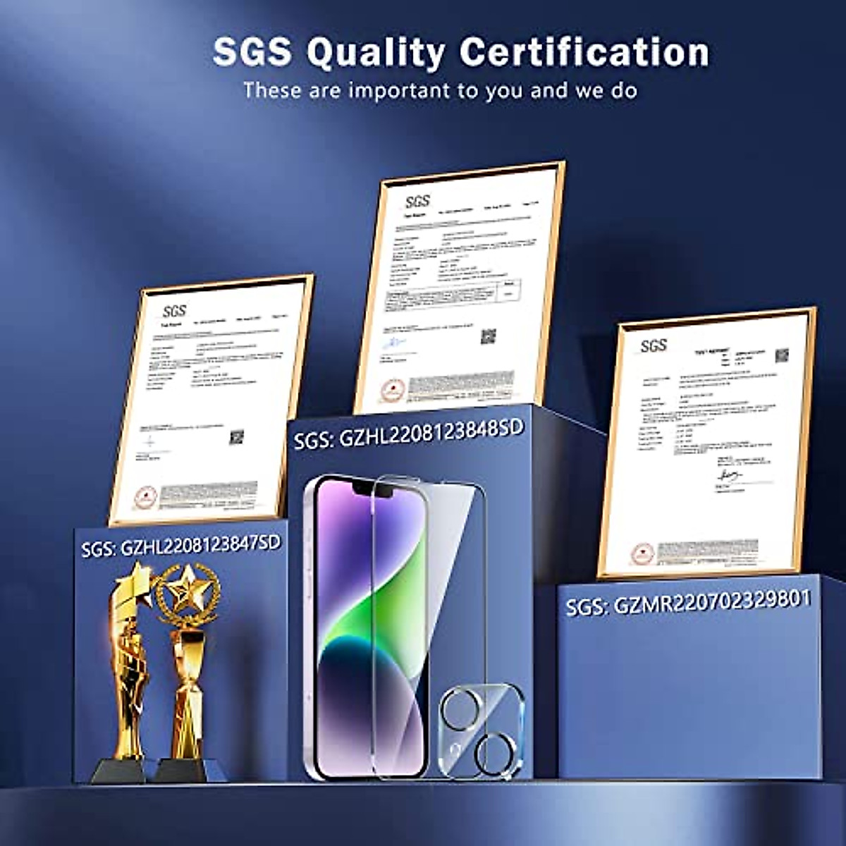 QHOHQ 3 Pack Screen Protector for iPhone 14 Plus 6.7 Inch with 3 Pack Tempered Glass Camera Lens Protector, Ultra HD, 9H Hardness, Case Friendly [Easy to Install Frame]