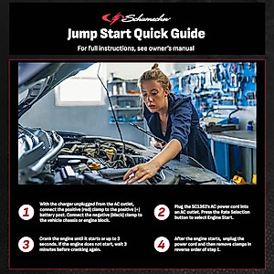 Schumacher SC1361 Fully Automatic Jump Starter and Battery Charger for Motorcycle, Power Sport, Lawn Tractor, Car, SUV, Truck, and Boat Batteries, 50 Cranking Amps, 12 Volts, Black, 1 unit