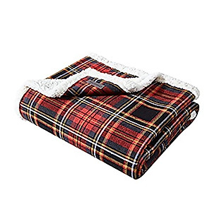 Eddie Bauer - Throw Blanket, Cotton Flannel Home Decor, All Season Reversible Sherpa Bedding (Mountain Tartan Red, Throw)