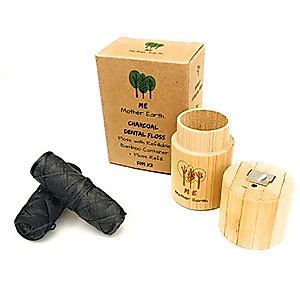 Vegan Biodegradable Bamboo Charcoal Dental Floss with Refillable Bamboo Container | Free Refill | Natural Candelilla Wax | 55yds x2 | Peppermint Essential Oil | Eco Friendly | Zero Waste Oral Care