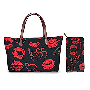 Poceacles Red Lips Kiss Print Fashion Handbag Tote Bag Set Outdoor Travel Shopping Top Handle Totes Bag with Card Holder Purse Slim Wallet for Women Girl