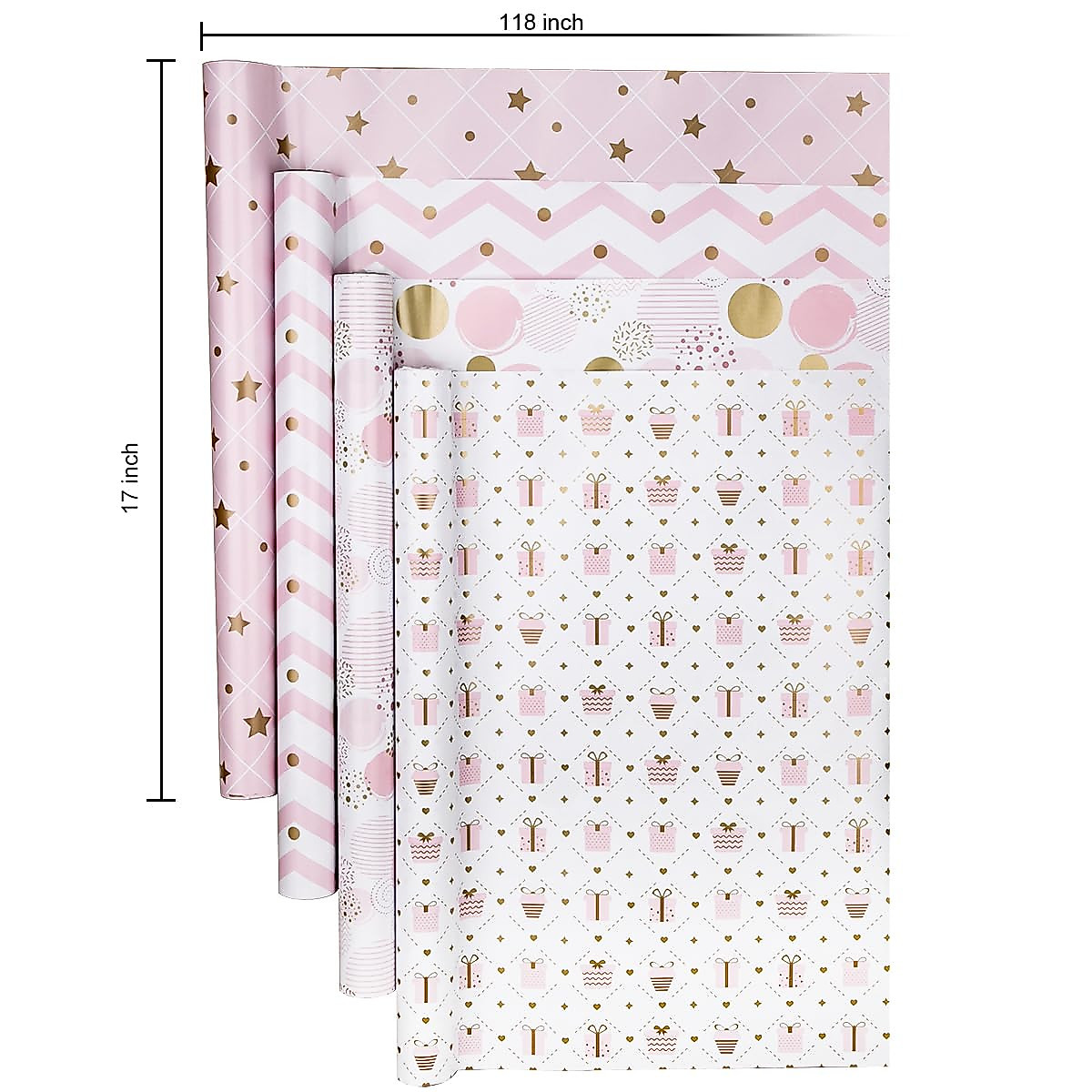JUSTASHOW Gift Wrapping Paper, 4 Rolls Birthday Wrapping Paper for Girls Women kids adults, 17x118 Inches Per Roll Wrapping Paper for Birthday, Christmas Baby Shower(Pink)
