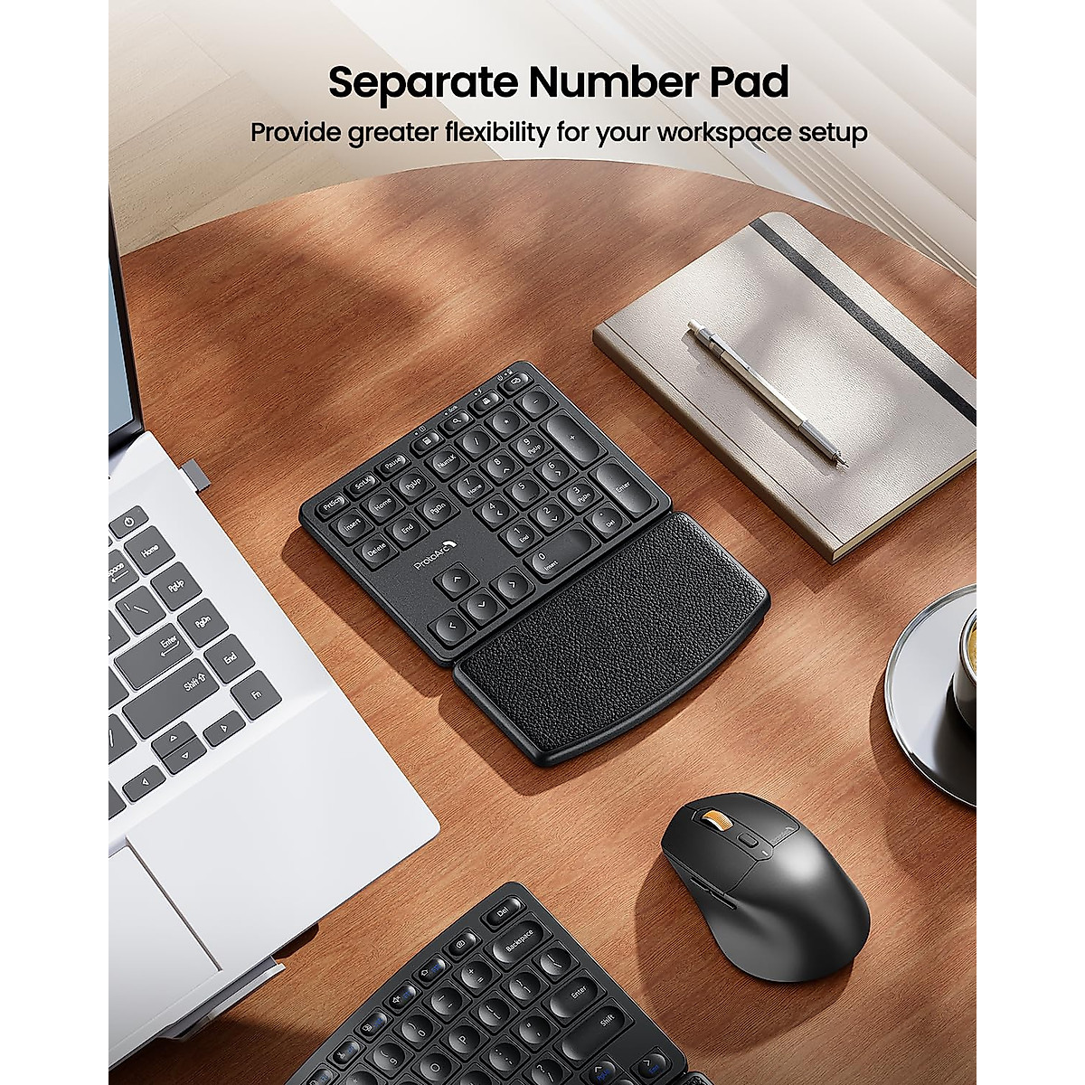 ProtoArc Ergonomic Keyboard Mouse, EKM04 2.4GHz Wireless Ergo Keyboard Mouse Combo, Separate Numeric Keypad, Split Design, Wrist Rest, Rechargeable, for Desktop, PC, Laptop, Windows