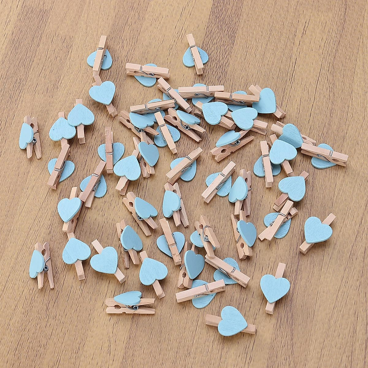 NUOBESTY 50pcs Mini Wooden Clips Clothespins Crafts Clips with Hearts for Wedding Party Valentines Day Decoration Blue