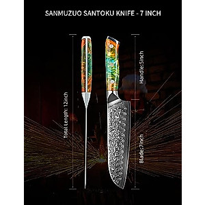 SANMUZUO Santoku Knife - 7 inch - Xuan Series - VG10 Damascus Steel Kitchen Knife - Resin Handle (Fantasy Orange)
