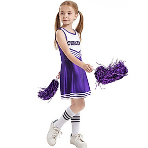 LOLANTA Girls Cheerleader Costumes Dresses Cheerleading Outfit Cheer Uniform with Pom Poms(10-12, purple)