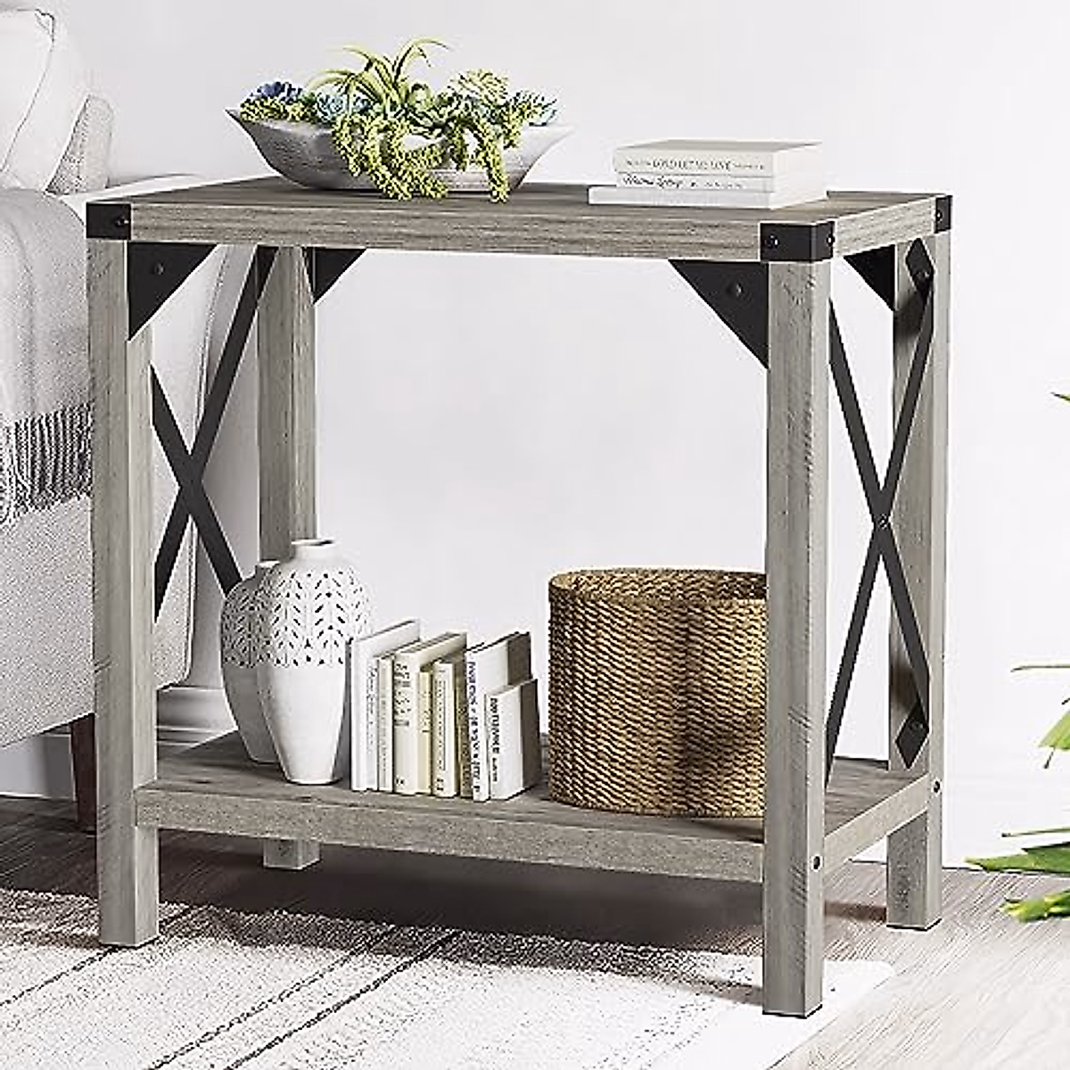 IDEALHOUSE Narrow End Table for Small Spaces, Rectangular Farmhouse Nightstand Sofa Side Table for Living Room, Bedroom, Lounge(Grey)