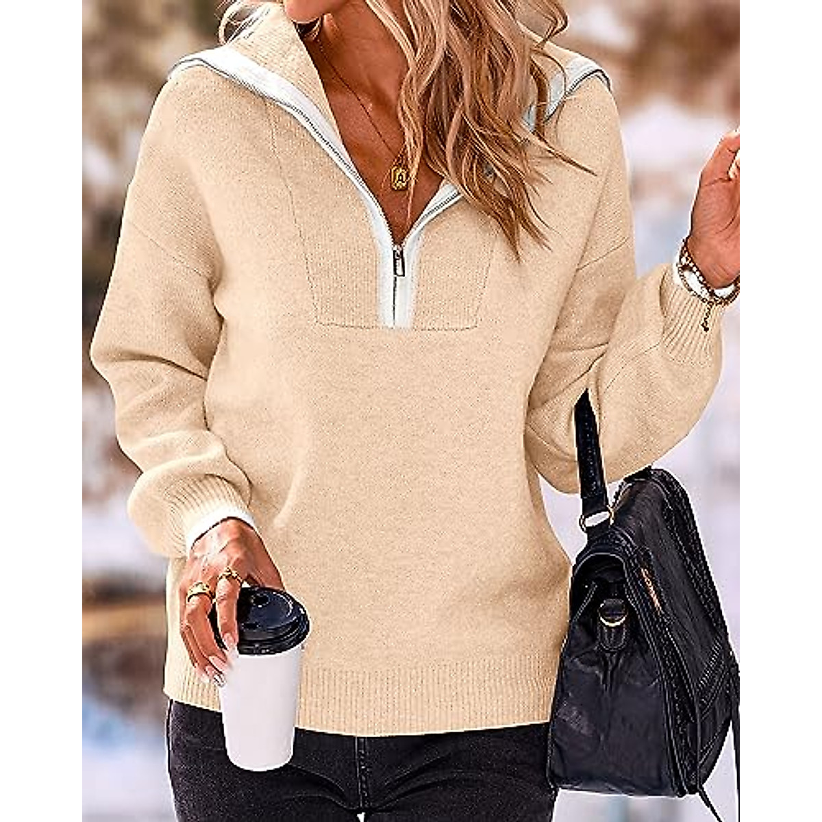 BTFBM Women's 2024 Fall Winter Half Zip Pullover Sweaters Casual V Neck Long Sleeve Ribbed Knit Loose Jumper Tops(Solid Beige, Large)