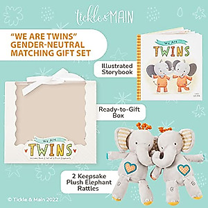 Tickle & Main We are Twins, Baby and Toddler Twin Gift Set, Keepsake Book and Set of 2 Plush Elephant Rattles for Boys and Girls