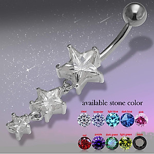 Purple CZ Crystal Stone Triple Star Dangling 925 Sterling Silver Belly Ring Body Jewelry