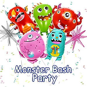 Monster Party Balloons Monster Theme Party Decorations 2pcs Foil Stars Balloon and 5pcs Aluminum Monster Balloon Set Monster Bash Party Decor Supplies for Kids Birthday Halloween Christmas Party