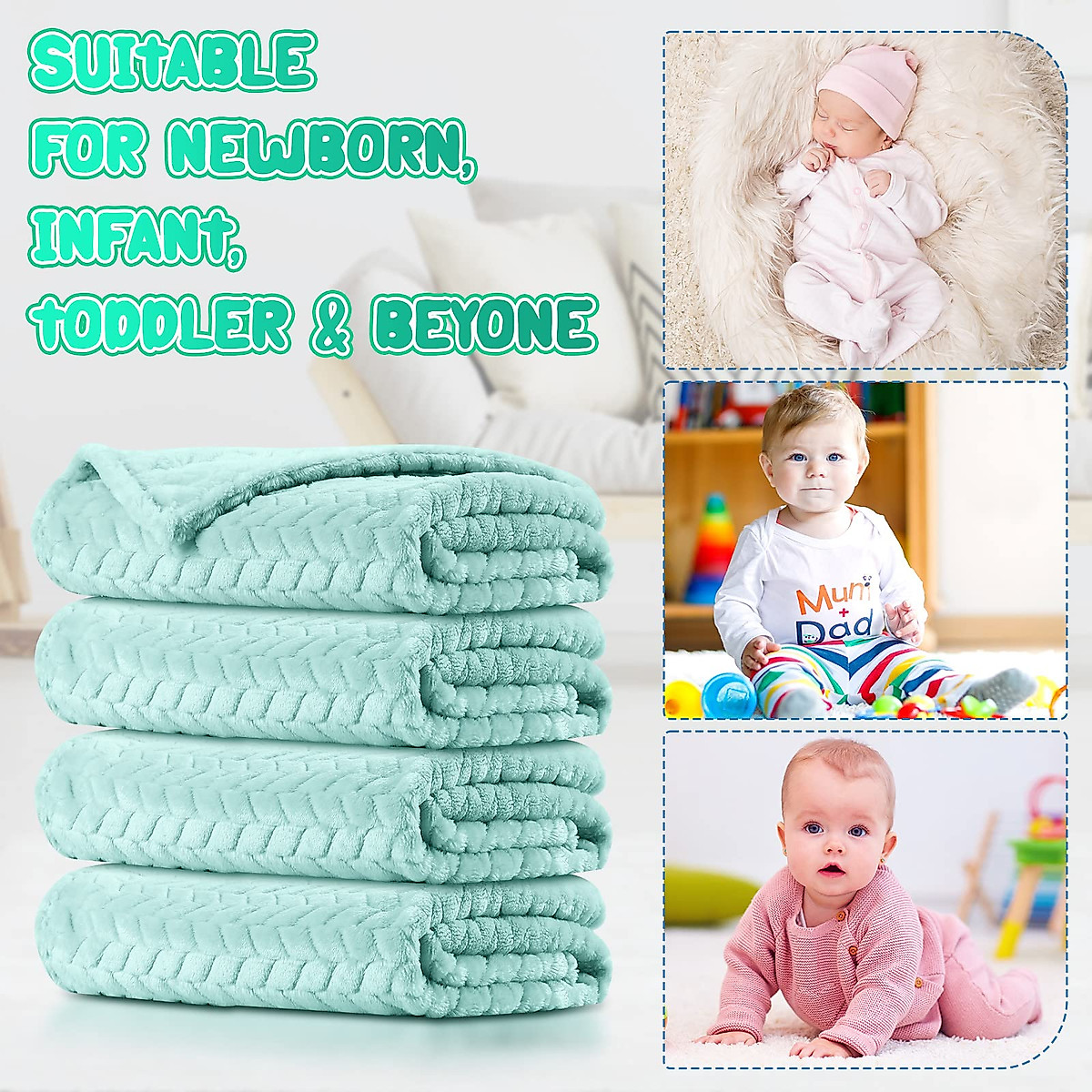Chumia 4 Pcs Baby Blanket Flannel, Cozy Throw Fuzzy Blanket for Newborn Sherpa Blanket Crib(Lake Green, 24 x 32 Inch)