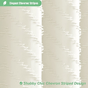 Dynamene Boho Farmhouse Shower Curtain, Cream Fabric Tufted Chevron Striped Textured Tassel Shower Curtains for Bathroom, Water Repellent, Minimalist Ruffled Cloth Shower Curtain Set with Hook, 72x72