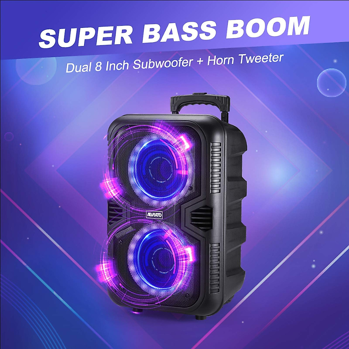 ABRATO Karaoke Machine for Adults & Kids – Bluetooth Speakers with Dual 8" Subwoofer & DJ Lights – Bonus 2 Wireless Microphones - Ideal for Home Party Camping Singing