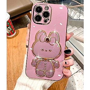 for iPhone 14 Pro Max Case for Women Girls,6D Cute Hidden Rabbit Bunny Stand Mirror Design,Luxury Plating Glitter Soft Silicone Makeup Girly Phone Case with Camera Cover for iPhone 14 Promax Purple