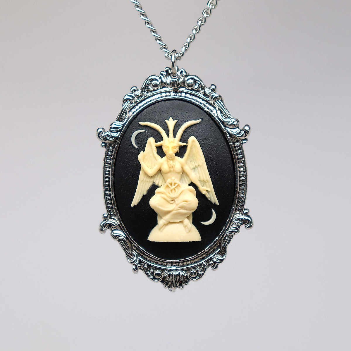 Real Metal Sitting Satanic Baphomet Cameo In Silver Finish Frame Necklace Pendant Ivory on Black