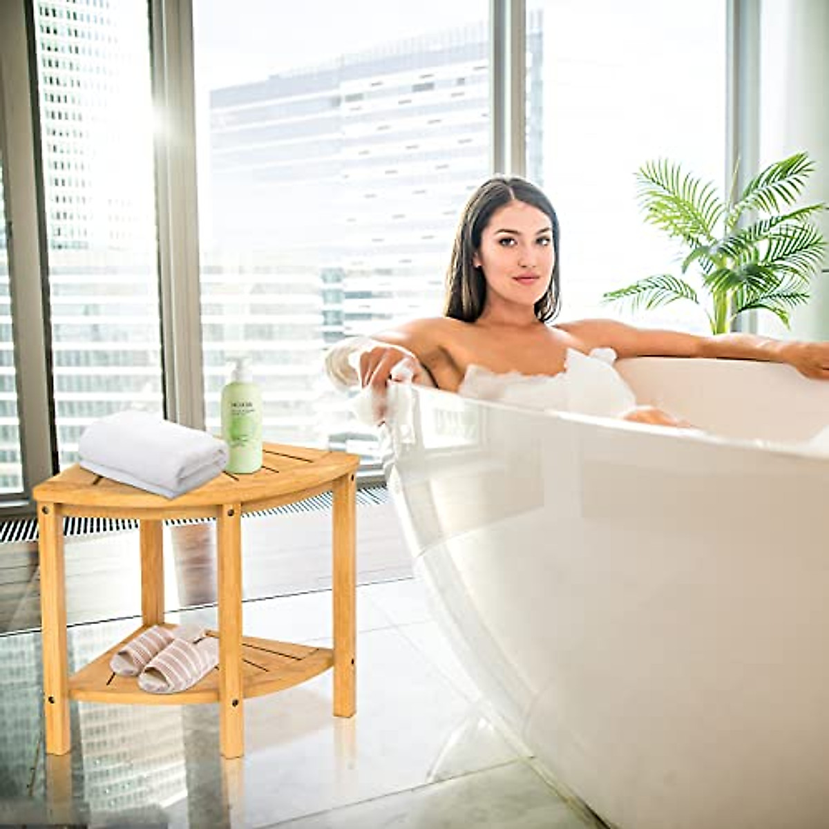 16" Bamboo Corner Shower Bench with Shelf, Corner Shower Stool for Shaving Legs, Shower Foot Rest Stool, Waterproof Wood Storage & Seat for Bathroom, Shower, Spa, Sauna, Shower Stool for Inside Shower