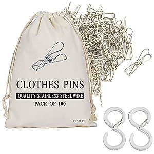 Clothespins Laundry Chip Clips - 100 Pack Bulk Durable Stainless Steel Clothes Pins,Heavy Duty Clamp Metal Wire Clothes Pegs with One Storage Bag & 2 Hooks,for Outdoor Clothesline Home Kitchen Office