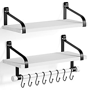 Love-KANKEI Floating Shelves for Coffee Bar,Bathroom Shelves with Wood Bar, Wall Shelves with 8 Hooks for Kitchen, 17.3 Inch Storage Shelves Set of 2 for Bedroom,Living Room，White