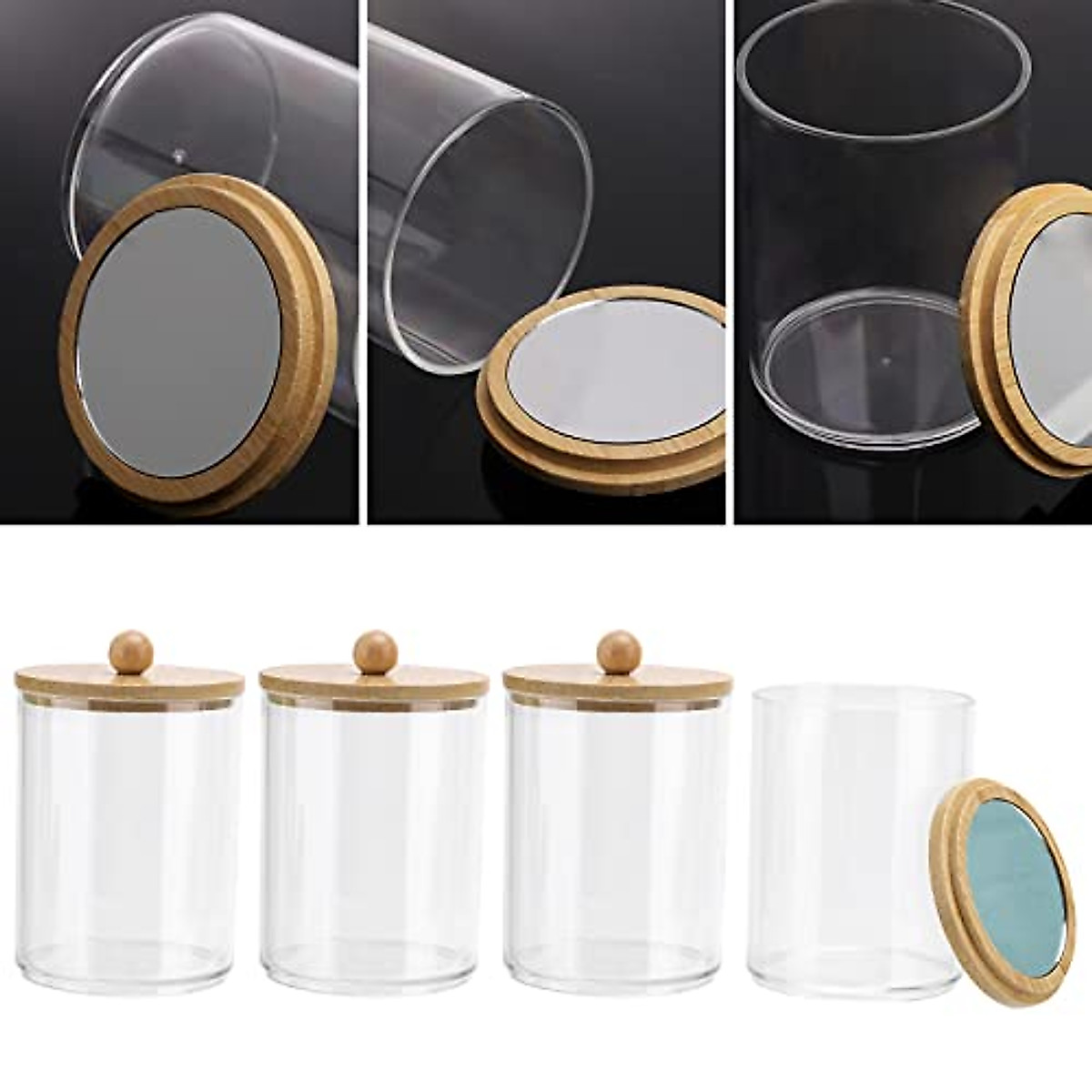Tbestmax 4 Pack Qtip Holder Dispenser - 10-Ounce Apothecary Jars Bamboo Lids with Mirror for Cotton Ball Swab Pad, Bathroom Organizers and Storage Containers
