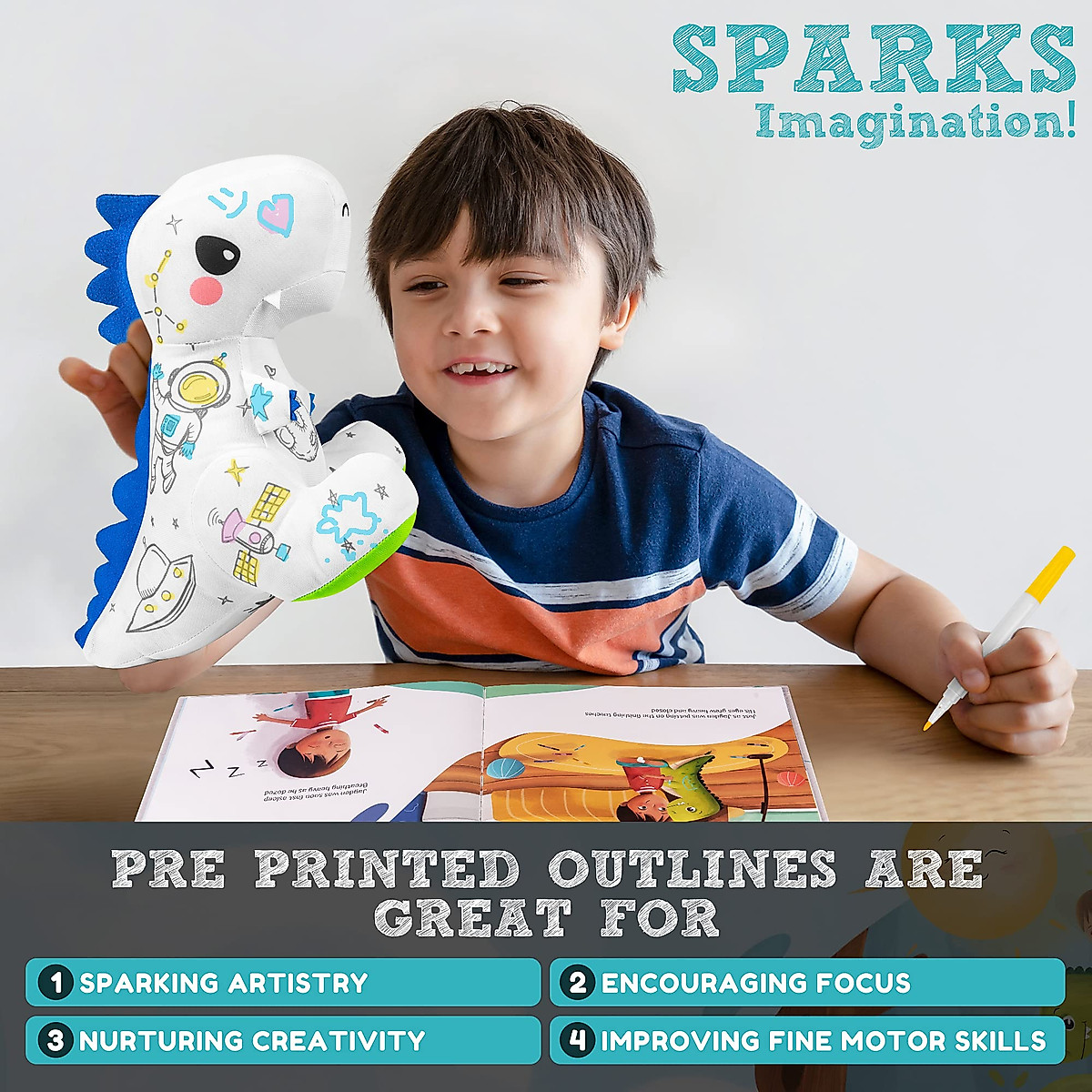 T-Rex Plush Dinosaur Coloring Book Gift Set, Arts and Crafts Soft DIY Washable Dino Doodle Doll Stuffed Animal Toy, Painting Craft Kit Toys, Play Dinosaur Gifts for Kids Boys and Girls Ages 3-5 5-7