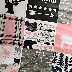 Pink Woodland Deer Personalized Baby Blanket with Name, Custom Deer and Bear Swadding Blankets for Baby Girls Kids, Woodland Nursery Decor, Adventure Soft Receiving Blankets for Newborn Infant