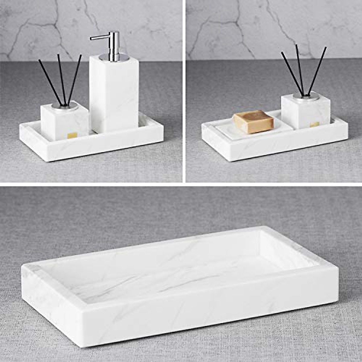 PLYFUNS Vanity Tray, Mini Bathroom Kitchen Resin Vanity Tray Cosmetic Organizer Jewelry Ring Dish Holder for Towel/Plant/Jewelry - White Marble