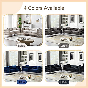 2-Piece Black Velvet Upholstered Living Room Furniture Set, Including 3-Seater Sofa and Loveseat with Jeweled Buttons, Square Arm, Four Pillows Included for Living Room, Office