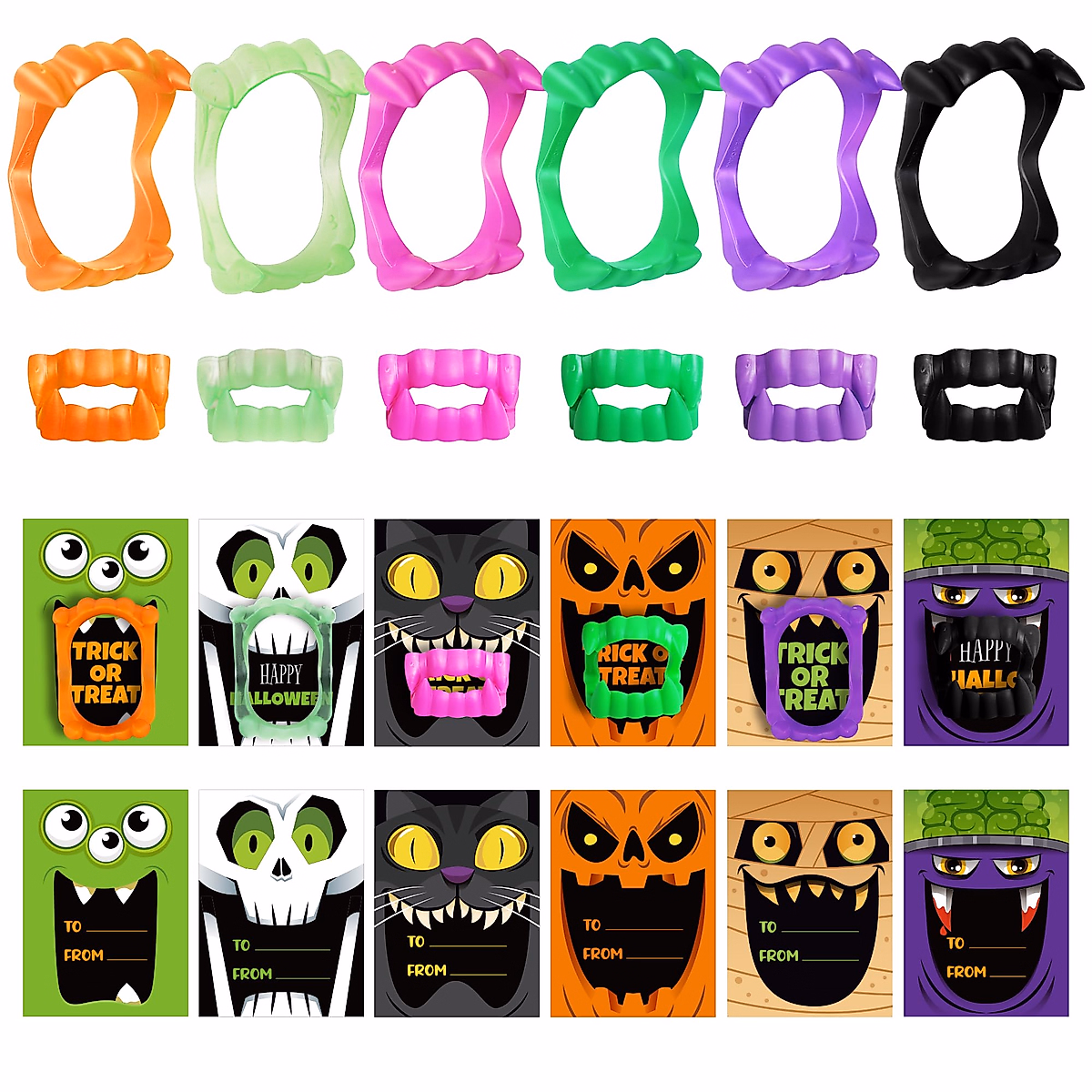 48Pcs Halloween Party Favors Vampire Teeth with Gift Cards,24 Plastic Fake Vampire Fangs Toys Bulk Halloween Treats Non Candy Goodie Bag Basket Stuffers Classroom Prizes Gift for Kids Trick or Treat