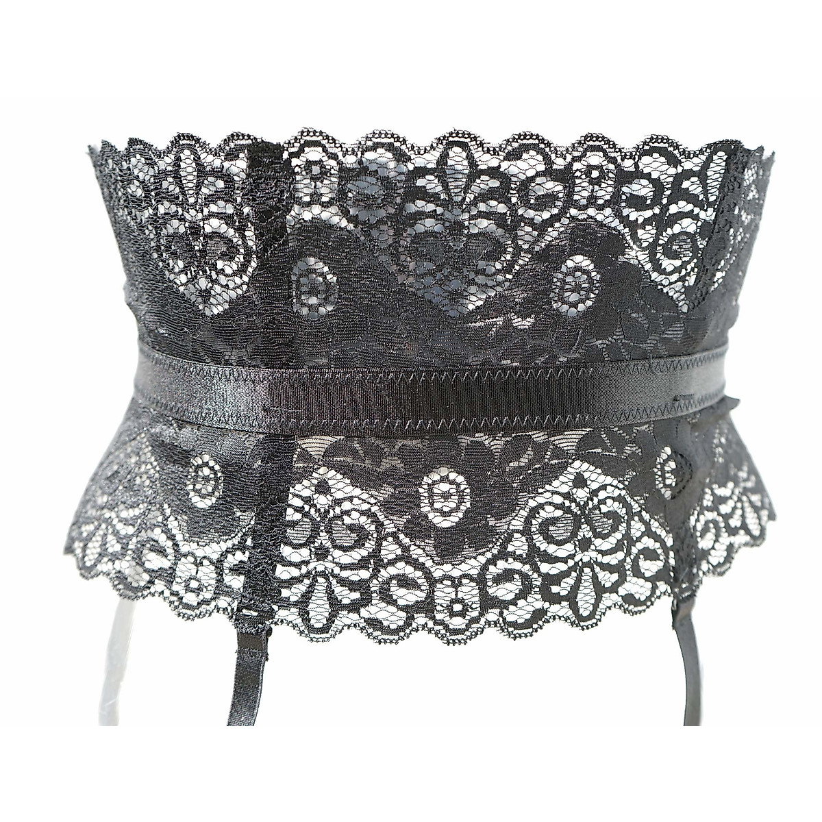 Women Lace 4 Straps Metal Buckles Mysterious Black Sexy Garter Belt for Stockings S508B (Medium)