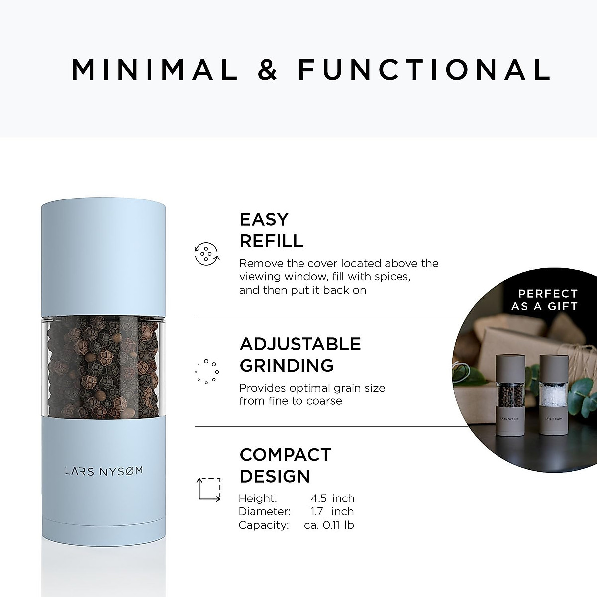 LARS NYSØM Salt and Pepper Grinder Set I Salt and Pepper Mills with Adjustable Ceramic Grinder 2 pieces I Manual Design Spice Mill Set (Sky Blue)