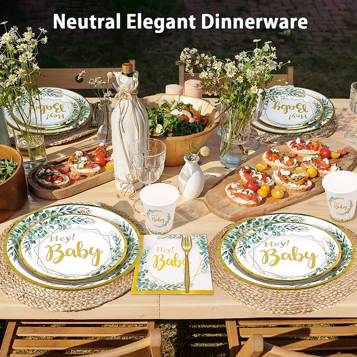 Heboland Sage Green Baby Shower Decorations Neutral Plates Set for 25 Guests, 125 Pieces of Paper Plates Cups Napkins Forks for Baby Shower Theme Party Supplies