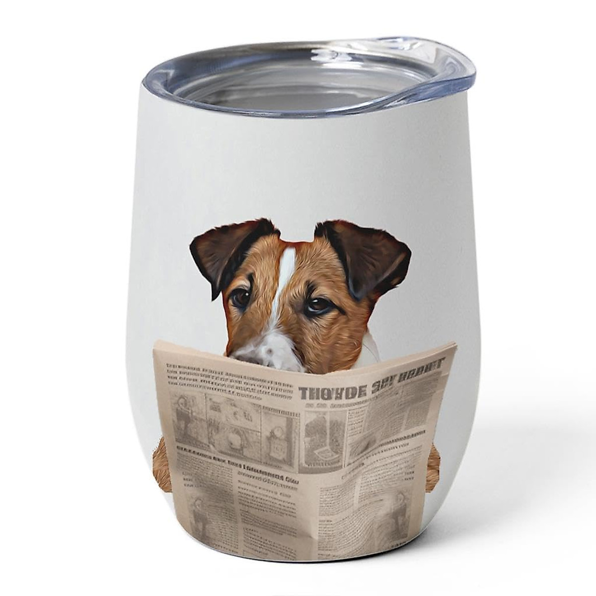 Tricolor Smooth Fox Terrier Reading Newspaper Tumbler 12oz Stainless Steel Vacuum Insulated Wine Cup With Lid - Gifts for Dog Lovers