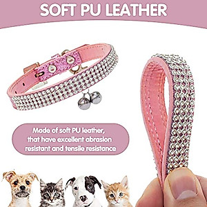 PUPTECK Basic Adjustable Cat Collar with Bling Diamante and Double Bells, for Kitten and Small Puppy, Fashion and Shining (XXS: Collar Adjustable: 6-8in, 0.3inch Width, Pink)