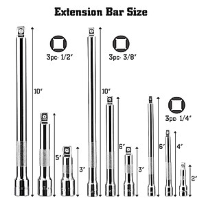 DURATECH Wobble Socket Extension Bar Set, 1/4", 3/8", 1/2" Drive Socket Extension Set, Cr-V Steel, Chrome Plated, Storage Tray Included, 9 PCS