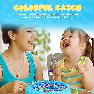 IPIDIPI TOYS Fishing Game for Kids, Hook Fishing Game for Toddlers - 21 Fish, 4 Poles Fishing Toy - Rotating Fish Board Game with Music, Educational, Fine Motor Skill Toys for Boys and Girls, Blue