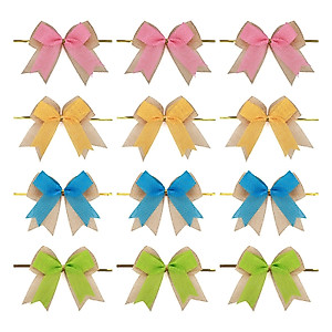 Meseey 12 Pcs Easter Burlap Bows 4 Inch Pink/Yellow/Blue/Grenn Spring Bow for Holiday Spring Wreath DIY Crafts Home Decoration (Spring)