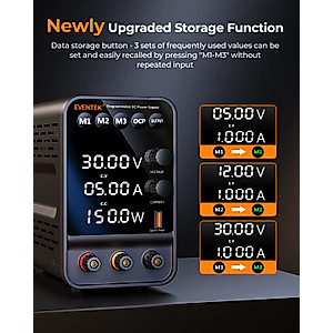 Eventek DC Power Supply, 30V/5A Variable Power Supply with Encoder Adjustment Knob, Memory Switching Bench Power Supply with 4-Digits LED Display, 5V/3.6A USB Output & Banana Plug Lead
