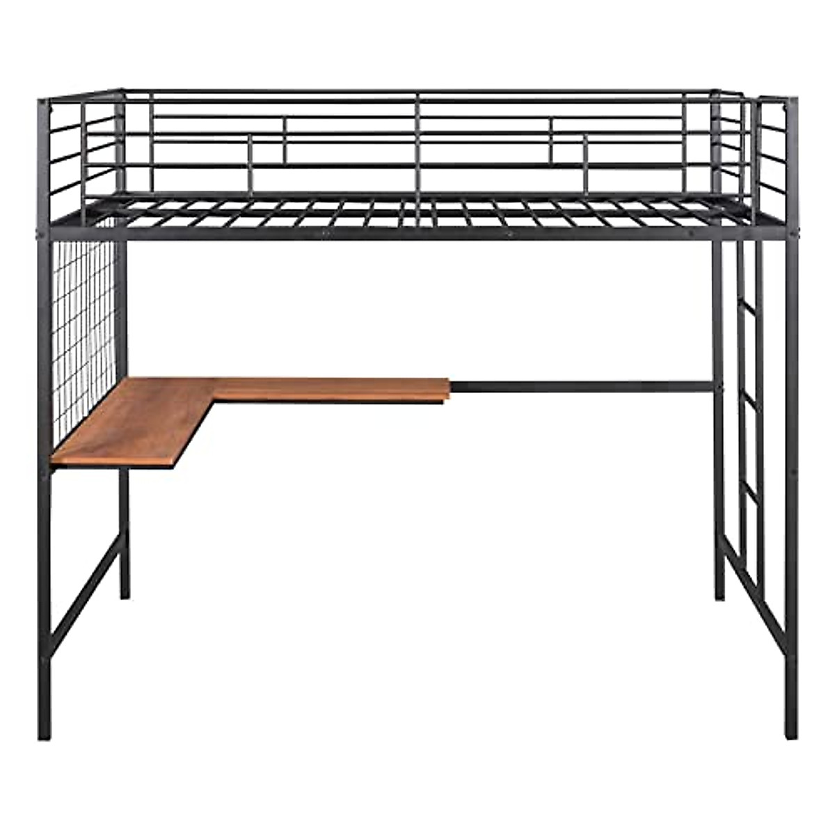 TMEOSK Full Size Metal Loft Bed Frame with L-Shape Desk and Decoration Metal Grid, Space Saving Loft Bed with Ladder and Safety Guardrail for Boys Girls Teens Adults, No Box Spring Needed (Black)