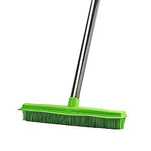 Long Handled Carpet Rubber Broom Soft Bristles and Squeegee Edge Sweeper Push Broom Indoor, Green