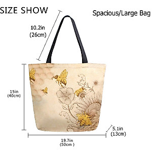 ZzWwR Rural Honey Bees Wildflowers Extra Large Canvas Shoulder Tote Top Handle Bag for Gym Beach Travel Reusable Grocery Shopping