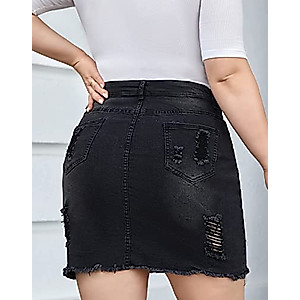 PYL Women Plus Size Distressed Jean Short Denim Skirt, Raw Hem Casual Bodycon Black