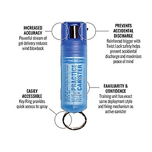 SABRE Practice Spray with Twist Lock, Inert Water-Based Formula, 10-Foot (3-Meter) Range, Helps to Build Confidence, Muscle Memory and Familiarity, Ergonomic Finger Grip, Key Ring, Blue