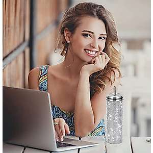 Glitter Water Bottles,Bling Cup -20oz Stainless Steel Diamond Water Bottle Insulated Cups with Lids and Straws Rhinestone ,Gift for Women Mom Girlfreind (silver)