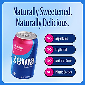 Zevia Zero Sugar Soda, Cherry Cola, 12 oz Cans (24-Pack) – Naturally Sweetened, Zero Calorie Sugar Free Soda - Non-GMO Project Verified, Gluten-Free, Vegan