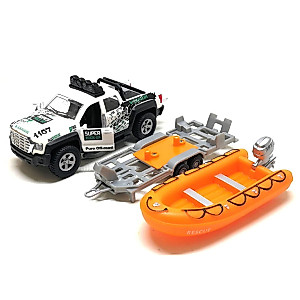 Pickup Truck Trailer Towing Speed Boat 2 in 1 Playset Diecast Model Car Metal Pull Back Toy Cars 1/36 SUV Vehicle Outdoor Sandbox Adventure Play Set Doors Open Light Sound Boys Toys Kids Gifts