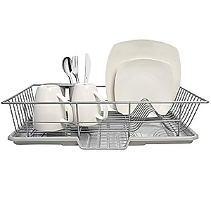 Sweet Home Collection 3 Piece Dish Drainer Rack Set, 12" x 19" x 5", Silver