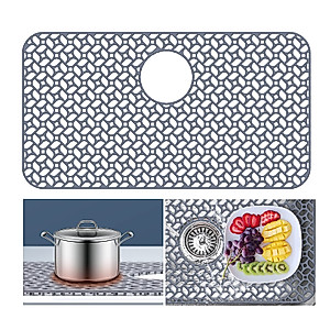 JUSTOGO Silicone Sink Protectors for Kitchen Sink 26.4"x14.4", Kitchen Sink Mat Grid Heat Resistant Sink Mats for Bottom of Kitchen Sink Farmhouse Stainless Steel Porcelain Sink Mat Rear Drain, Grey